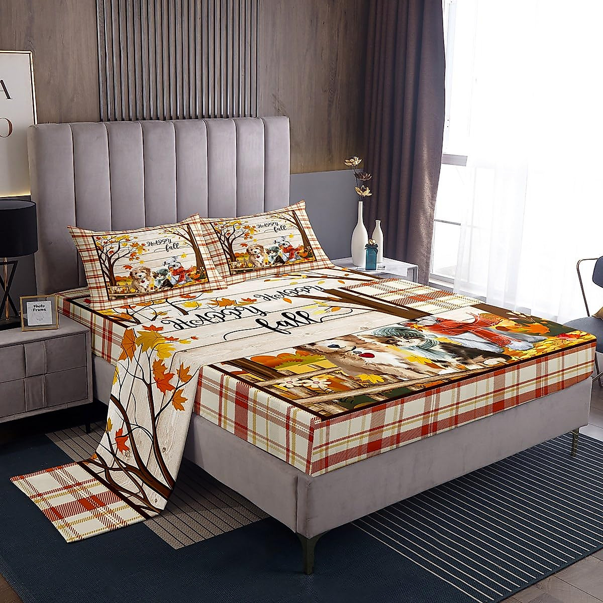 Castle Fairy Happy Fall Plaid Bed Sheet Set for Boys Girls,Cute Dog Cat Animals Halloween Bed Sheet Set Full Size Bedding Set,Maple Leaves Retro Check Geometric Fitted Sheet and 1 Flat, 2 Pillow Sham