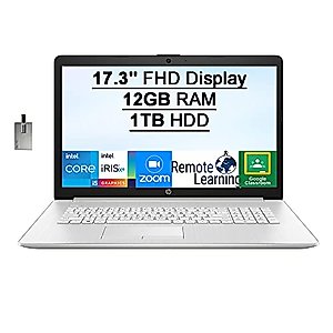 2022 HP 17.3" FHD Laptop Computer, 11th Gen Intel Core i5-1135G7 (Quad-Core), 12GB RAM, 1TB HDD, Backlit Keyboard, Intel Iris Xe Graphics, HD Webcam, HDMI, Windows 10, Silver, 32GB SnowBell USB Card