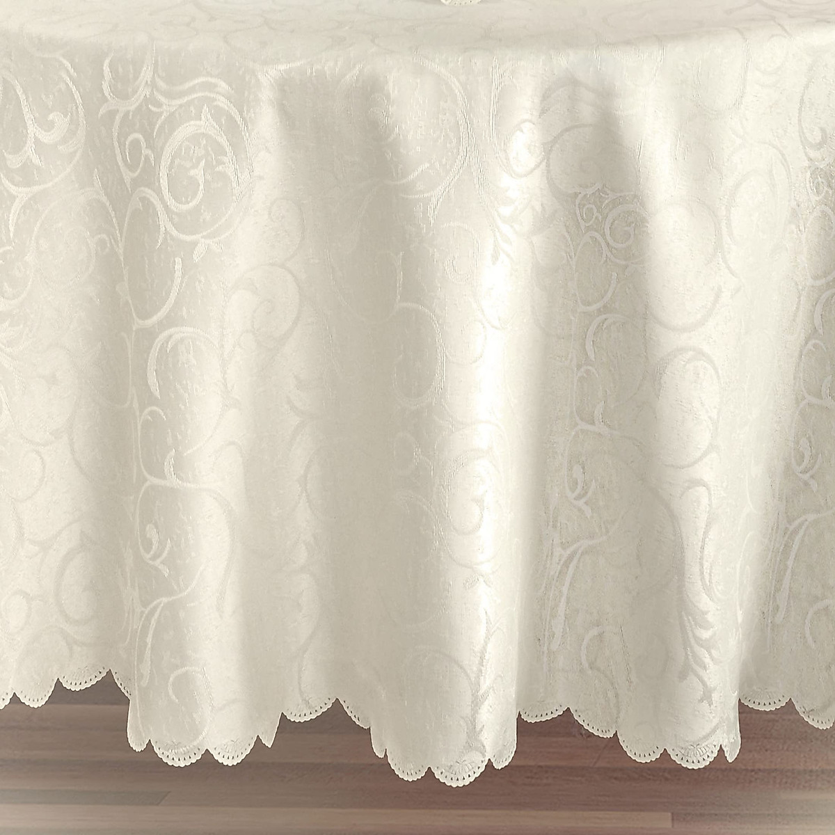 Newbridge Portofino Scalloped Damask Fabric Tablecloth, Wrinkle and Stain Resistant Fine Dining and Holiday Tablecloth, 60 Inch x 84 Inch Oval, Ivory