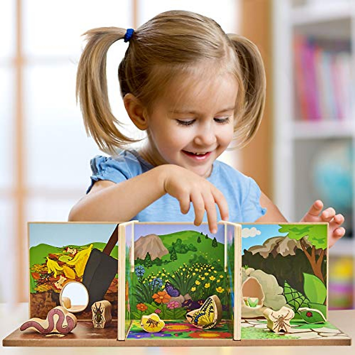 THE FRECKLED FROG Pretend 'N' Play Minibeasts - Set of 11 Bug Blocks Plus Illustrated Habitat Pieces - Ages 2+ - Wooden Insect Block Play Toy for Toddlers
