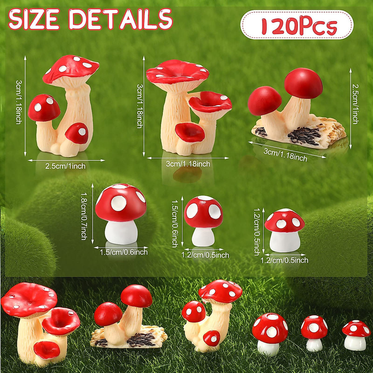 Yulejo 120 Pcs Cute Tiny Mushrooms Bulk Mini Miniature Figurines Fairy Mushroom Decor Garden Mushroom Statue Mini Mushrooms Ornament for Plant Micro Landscape Bonsai Craft(,Red)