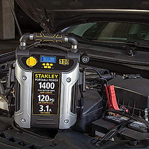 STANLEY J7C09D Digital Portable Power Station Jump Starter: 1400/700 Instant Amps, 120 PSI Air Compressor, 3.1A USB Ports, Battery Clamps