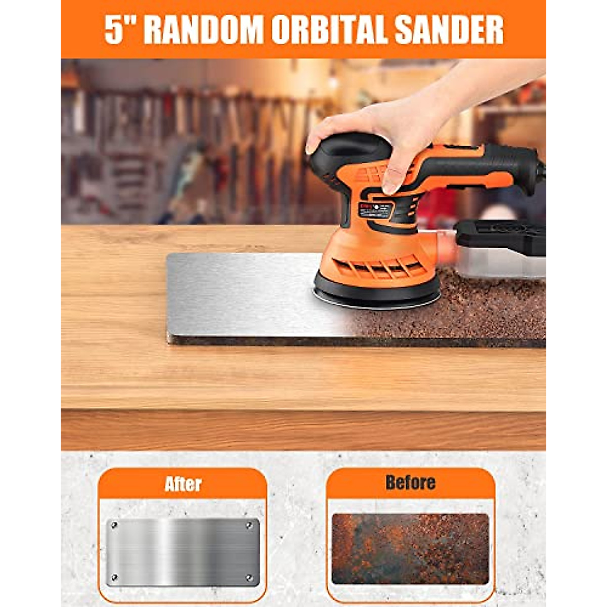 Random Orbital Sander, DWT 2.8A 350W Power Orbital Sander with 7 Variable Speed, 14Pcs Sanding Discs(2Pcs Upgrade Dust-free Sandpaper), Cyclone Box, 5-Inch Corded Electric Sander for Sanding Wood/Rust