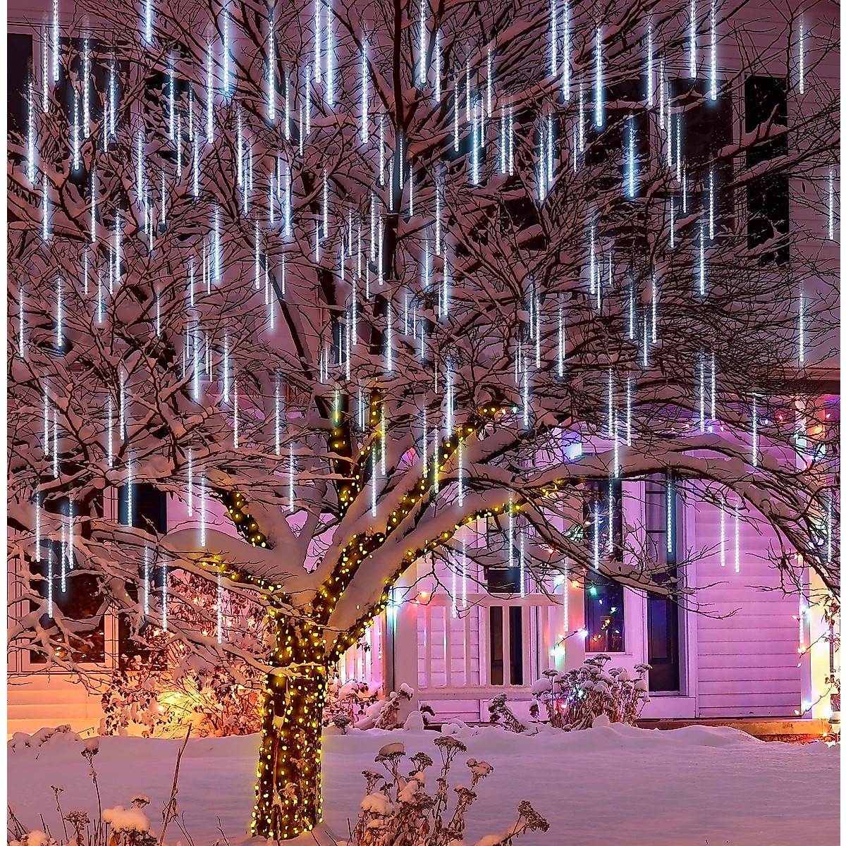 Joiedomi 2-Pack Christmas Meteor Shower Lights - Falling Rain Drop Icicle String Lights 2 x 8 Tubes 30cm 288 LEDs White, for Halloween Christmas Holiday Party Home Patio Outdoor Decoration