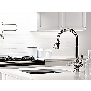 KOHLER Artifacts Single-hole kitchen sink faucet with 16" pull-down spout and turned lever handle, DockNetik magnetic docking system, and 3-function sprayhead featuring Sweep and BerrySoft spray
