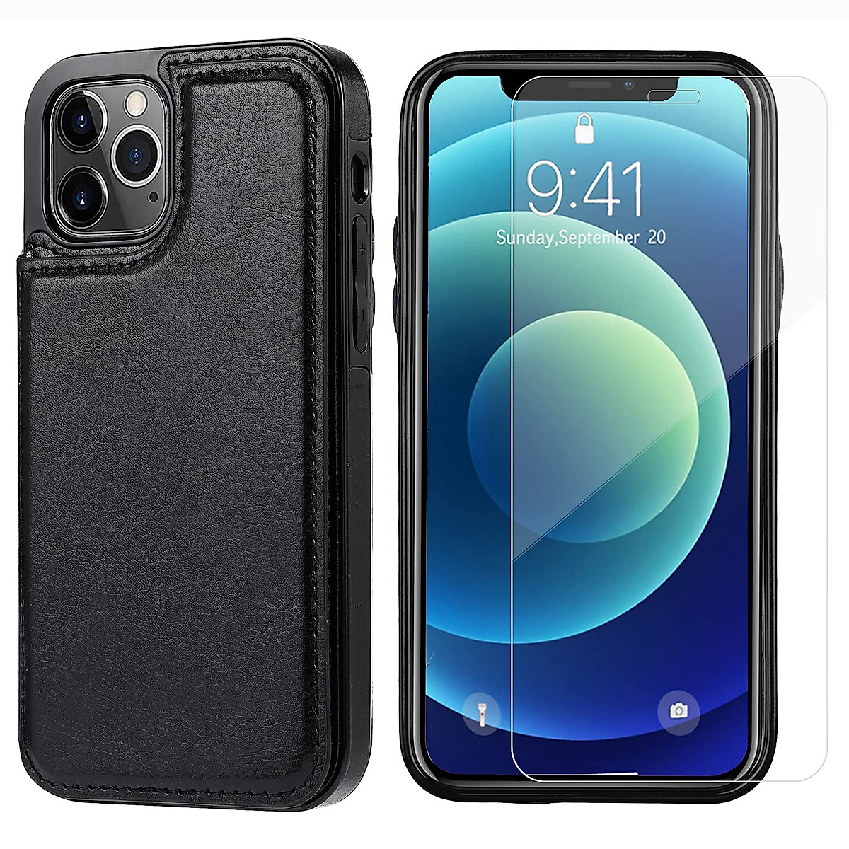 JOYAKI Wallet Case Compatible with iPhone 12 Pro/12,Slim Protective case with Card Holder,Premium PU Leather Kickstand Card Slots Case with 1 Protective Glass for iPhone 12pro/12(6.1") -Black