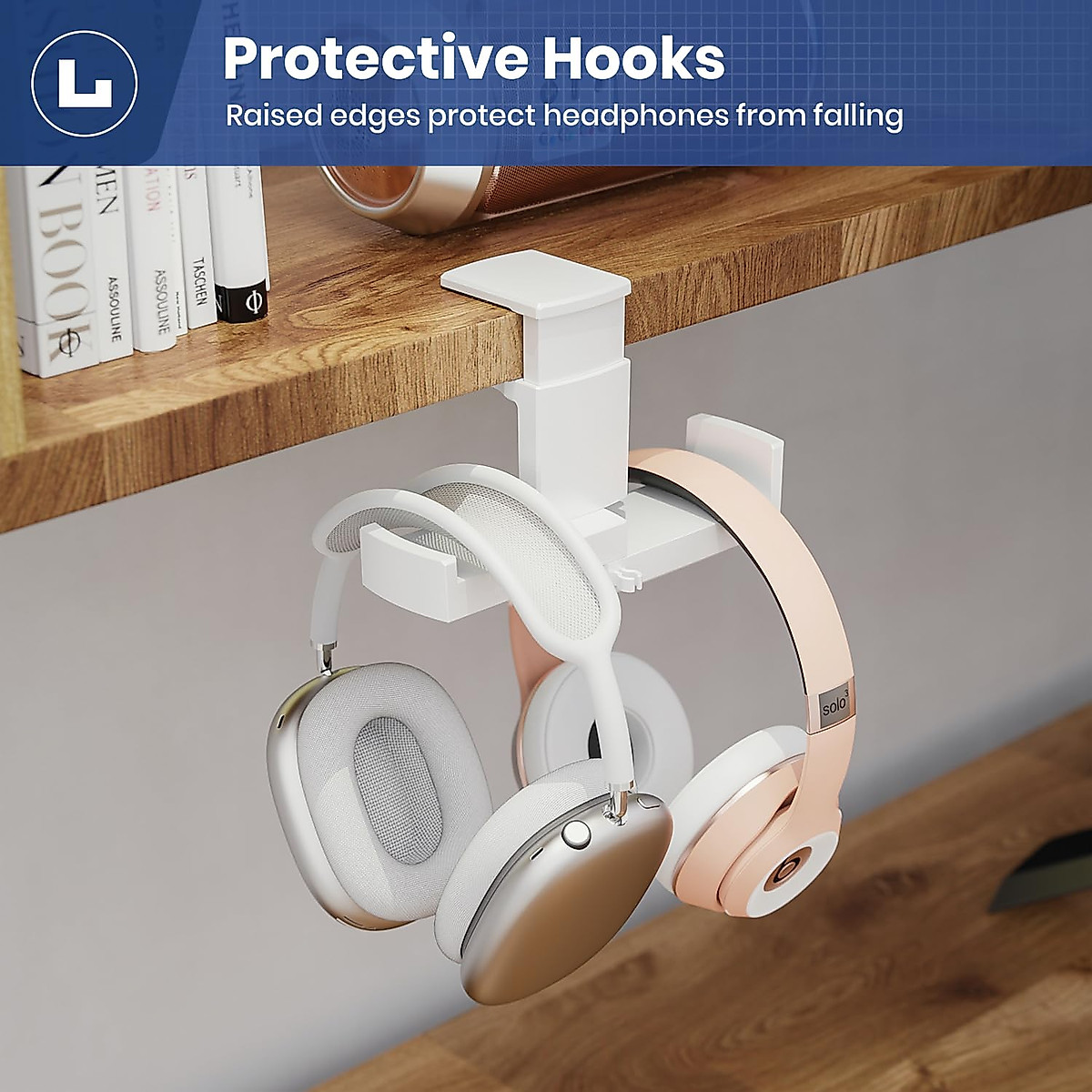 Dual Headphone Stand Holder - EURPMASK 2 in 1 PC Gaming Headset Hooks, 360 Degree Rotating Headphone Hanger with Adjustable Clamp & Cable Clip Organizer, Headset Mount Under Desk Earphone Clamp-White