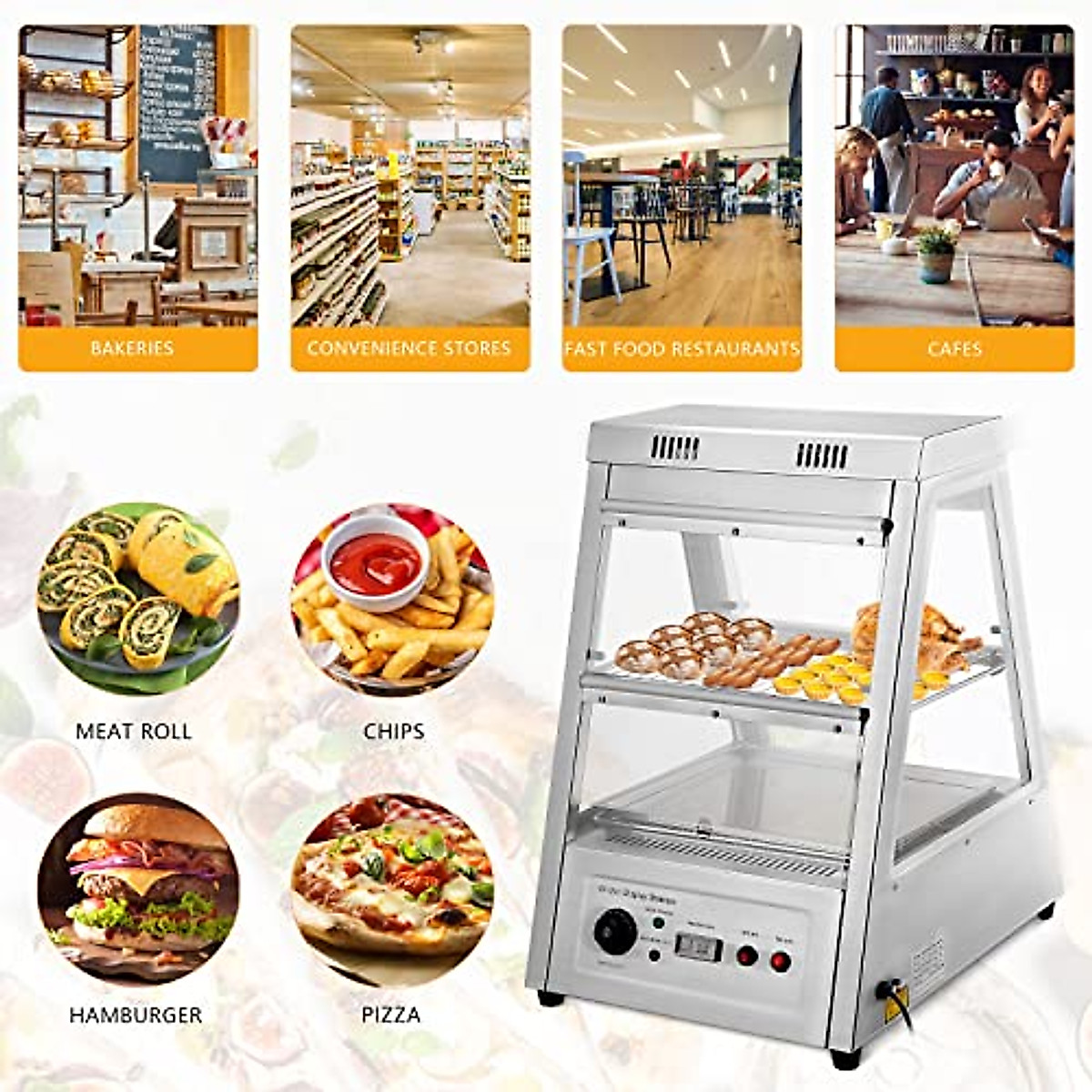 WSSEY Commercial Food Warmer Display, Countertop Pizza Warmers Display Pastry Patty Warmer,Stainless Steel Heated Cabinetsuitable for Restaurants,2-Tier 110V