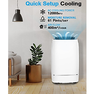 Joy Pebble Portable Air Conditioner, 12000 BTU for Room up to 550 sq. ft, Dehumidifier & Fan, Portable AC with 3 Fan Speeds, Automatic Louver Sweep,24H Timer, Remote Control, ECO