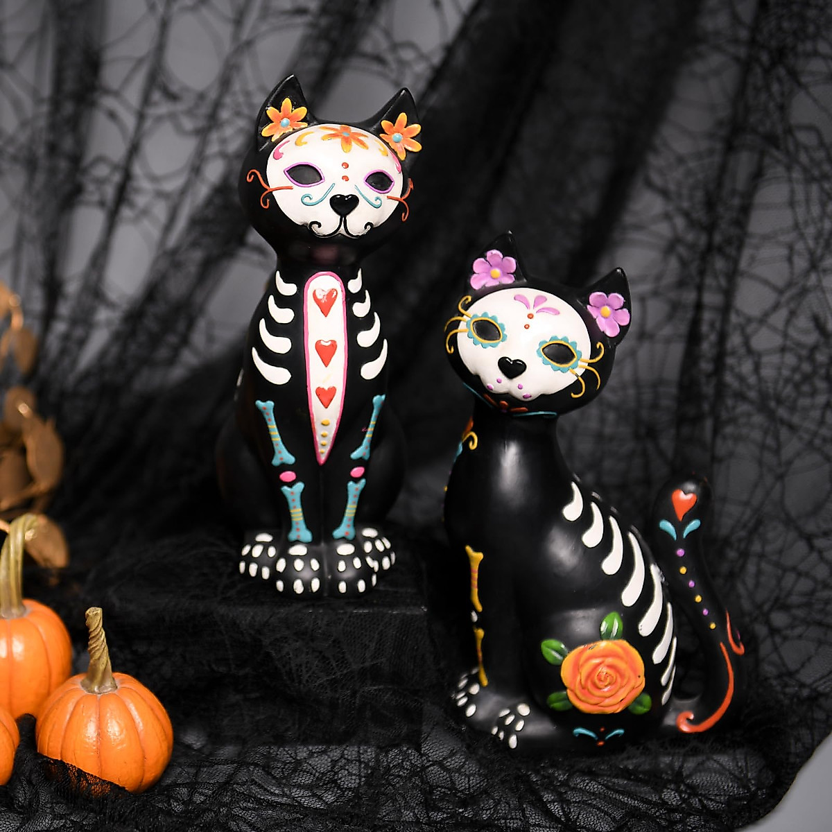 Newman House Studio Sugar-Skull Halloween-Decorations - Day-of Dead-Figurines Floral Cats Couple-Decor Dia de Los Muertos Black Kitten Collectibles Set of 2, 6.3L x 4.0W x 10.2H inch