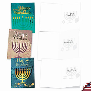 The Best Card Company - 10 Assorted Chanukah Thank You Notecards Bulk Box Set 4 x 5.12 Inch with Envelopes (10 Designs, 1 Each) Jewish Holiday Cards Hanukkah Lights AM6140HYG-B1x10