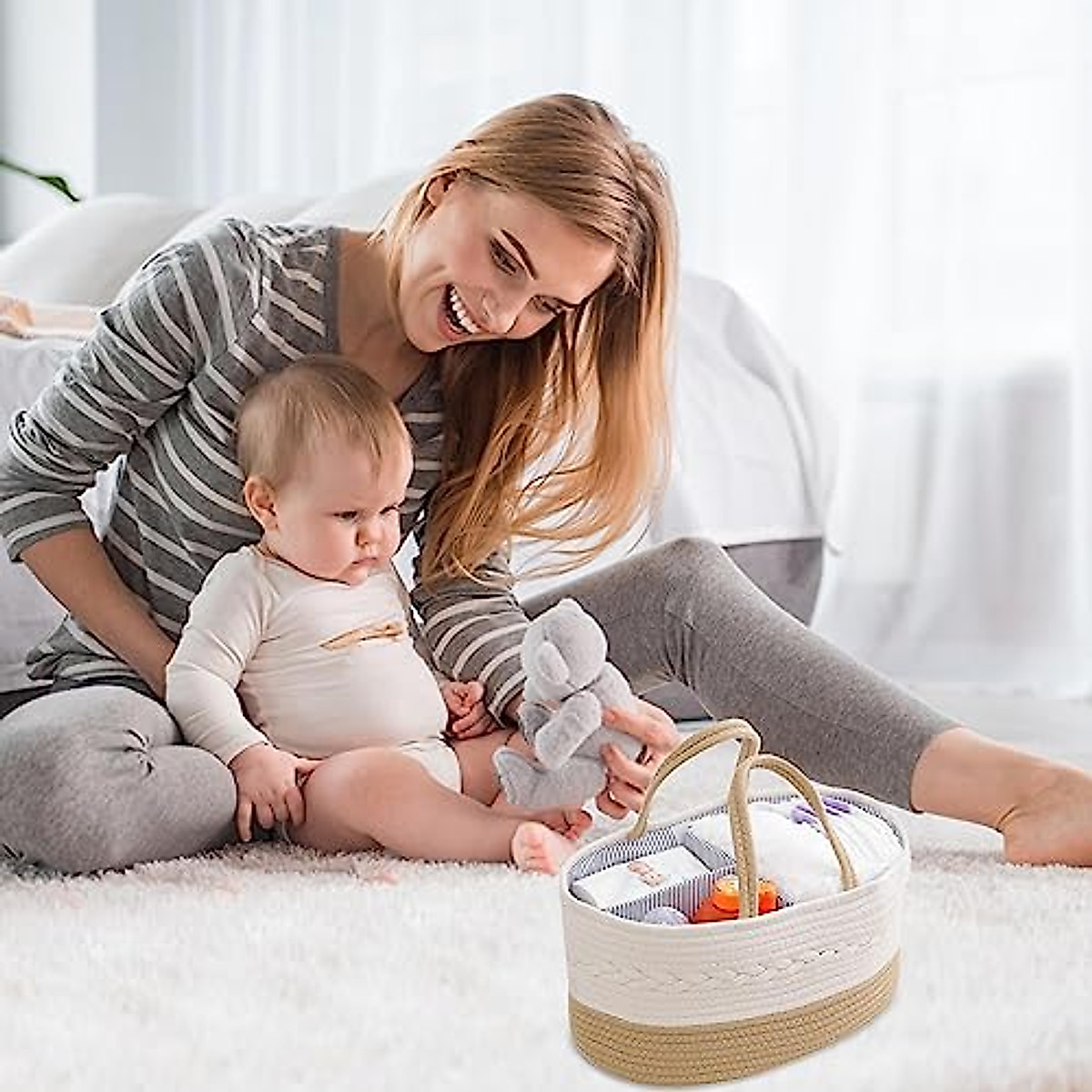 Baby Storage Basket, Durable Infant Diaper Organizer with Cotton Woven Rope, Nursery Storage Basket with Changeable Compartments & Holder, Multifunctional Baby Storage Bag for Home & Traveling