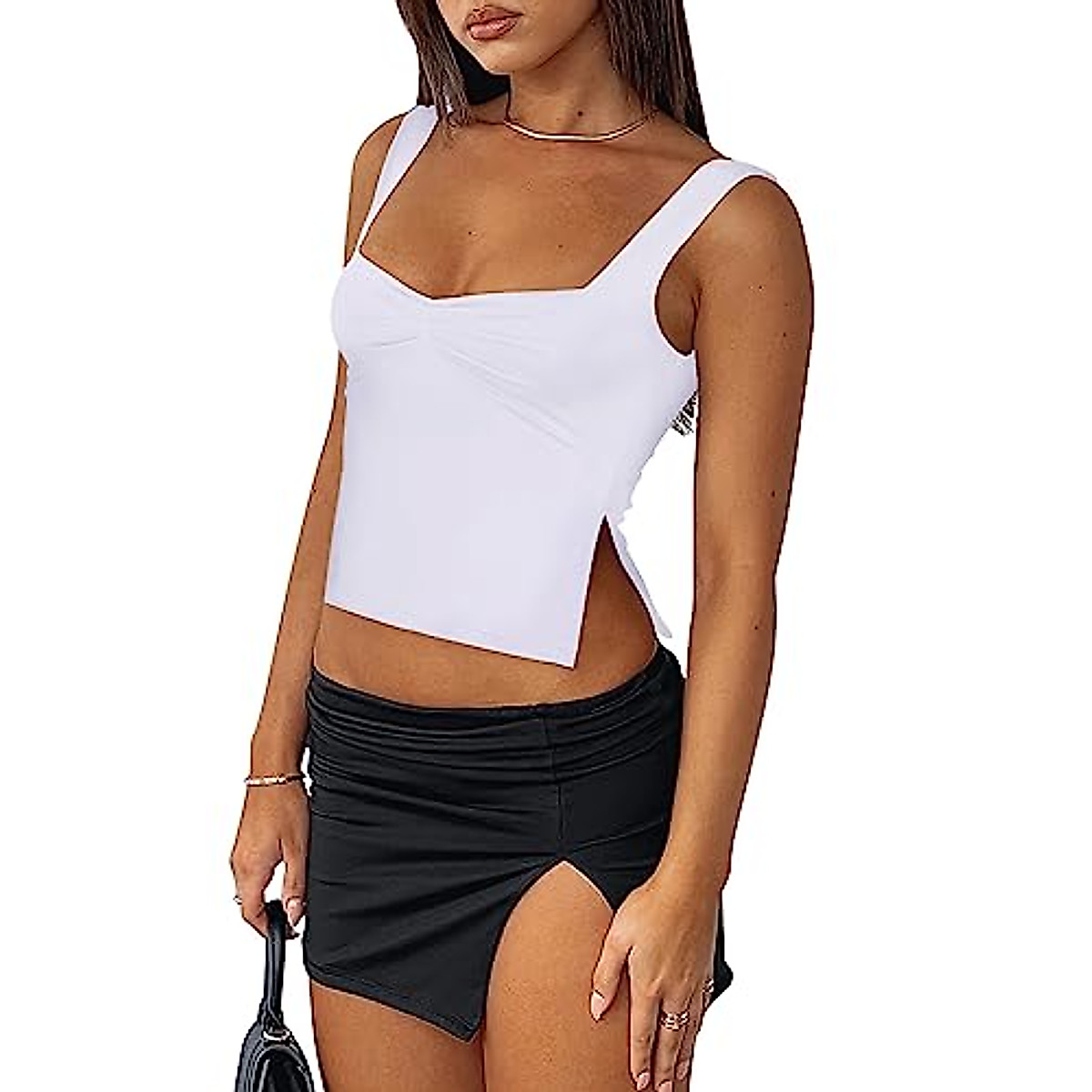 REORIA Women Summer Tops Sexy Ruched Sweetheart Neck Sleeveless Backless Side Split Tank Tops Going Out Y2K Trendy Cropped Tank Tops Pluse Size White Medium
