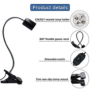 Reptile Heat Lamp,Aquarium Tank Heat Light,E26/E27 Turtle Basking Spot Lamp with Dimmable Switch,86.6in Habitat Basking Heat Lamp,Heating Lighting for Tortoise/Lizard/Amphibian/Snake/Aquarium(No Bulb)