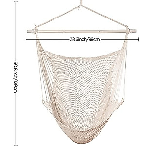HBlife Hammock Chair Max 330 LBS Hanging Chair with Portable Metal Rod Handwoven Cotton Rope Hammock Swing for Bedroom Beige, Small