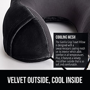 Gorilla Grip Memory Foam Travel Neck Pillow, Head Support on Airplanes, Soft Velvet, Cooling Mesh, Blinkable Eye Mask, Supportive Car Traveling, Sleeping on Long Flight, Airplane Pillows, Black