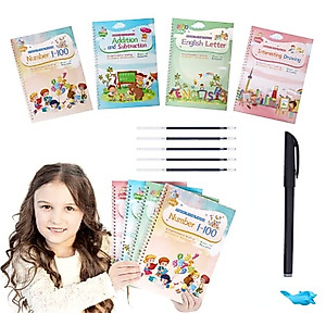 Magical Handwriting Workbooks Practice Copybook, Magic Calligraphy That Can Be Reused Handwriting Copybook Tracing Book (4books+Pens
