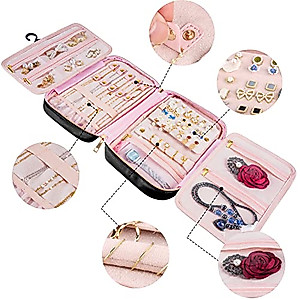 MATEIN Jewelry Travel Organizer, Tangle Free Necklace Storage Bag for Women Hanging Travel Case with Handle for Jewelry Accessories Faux Leather Clutch Bag for Earrings, Rings, Bracelets, Black