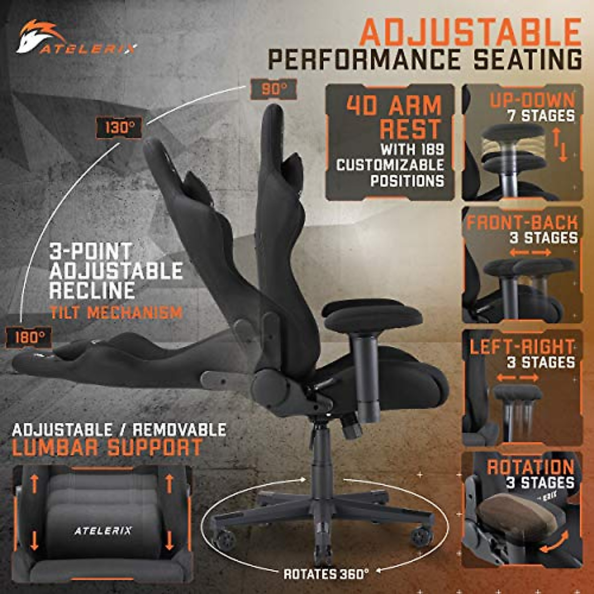 Atelerix Ventris Noir Gaming Chair - Use as Desk, Office or Computer - Tilting Mechanism and Ergonomic Adjustable Swivel Game Chair w/ 4D Armrests & Armrest Covers, Headrest and Lumbar Support