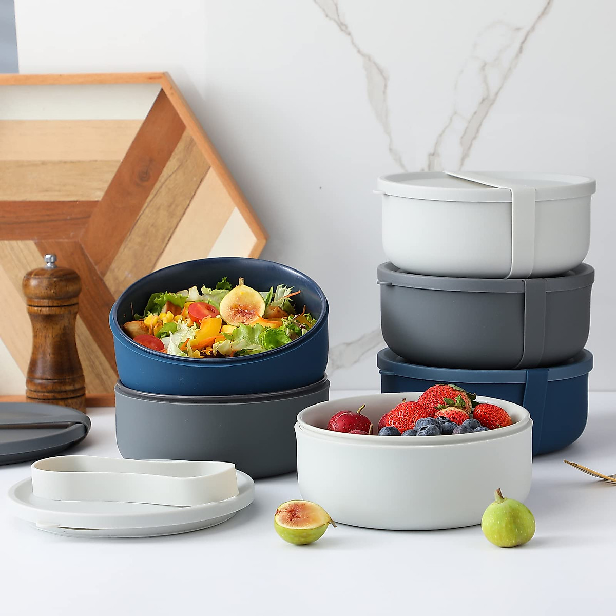 WALZION Ceramic Bowl Lunch Container with Lid,Protective Non-slip Exterior Snap-tight Silicone Strap, 22 oz，Food Storage, Bento Box, Meal Prep，Dishwasher Microwave Safe (light grey)