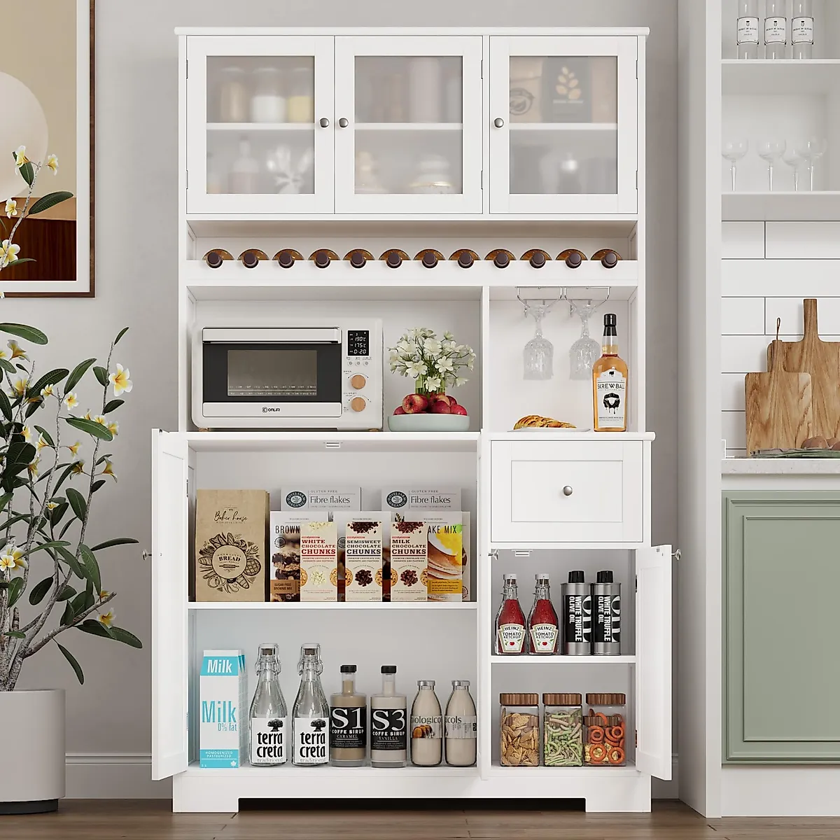 BOTLOG 71" Kitchen Pantry Cabinet, Kitchen Hutch with Microwave Stand, Buffet Cabinet with Hutch, Drawers, Large Countertop for Dining Room, Home Bar (41" W, White)