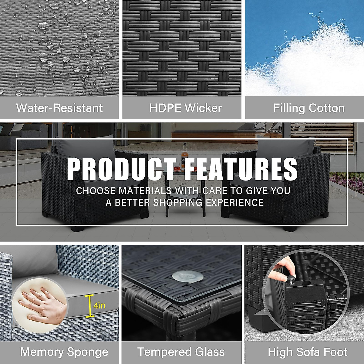 3 Piece Patio Set Wicker Patio Furniture Patio Conversation Sets Outdoor Chairs and Glass Side Table Balcony Furniture with Non-Slip Cushions and Waterproof Covers, Light Grey