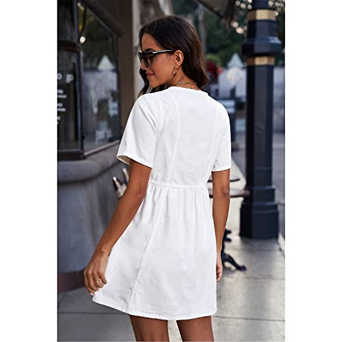 luvamia Women's Denim Shirt Dress Button Down Skirt V Neck Short Sleeve Jean Dresses Cute Dresses Skater Dress Knee Length Dress for Women A Line Dresses for Women Brilliant White Size Medium