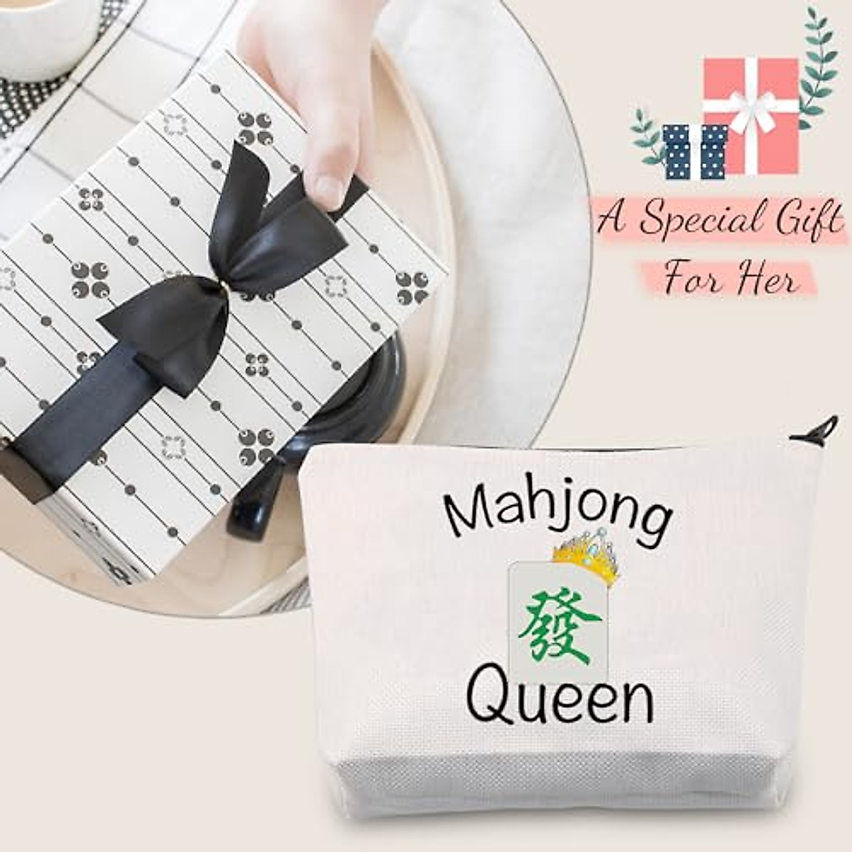 JXGZSO Mahjong Queen Makeup Bag Game Tiles Travel Storage Mahjong Board Game Zipper Purse Gift for Mahjong Lover