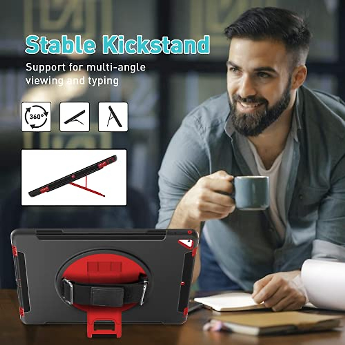 GEEKSDOM iPad Pro 12.9 Case 2nd Generation 2017 & 2015 1st Generation, Heavy Duty Rugged Shockproof Protective Soft TPU Back Cover w/360 Rotating Stand/Handle Hand/Shoulder Strap/Pencil Holder Red