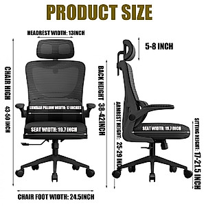 XUEGW Ergonomic Mesh Office Chair Computer Desk Chair with FILP up Armrest Gaming Chair with Lumbar Support Adjustable Headrest Height Swivel Chair for Home and Office