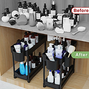 2 Pack Under Sink Organizers and Storage with Sliding Drawer, 2 Tier Under Sink Storage Rack for Bathroom Kitchen, Under Cabinet Counter Storage Shelf Organizer with Hooks & Hanging Cups (Black)