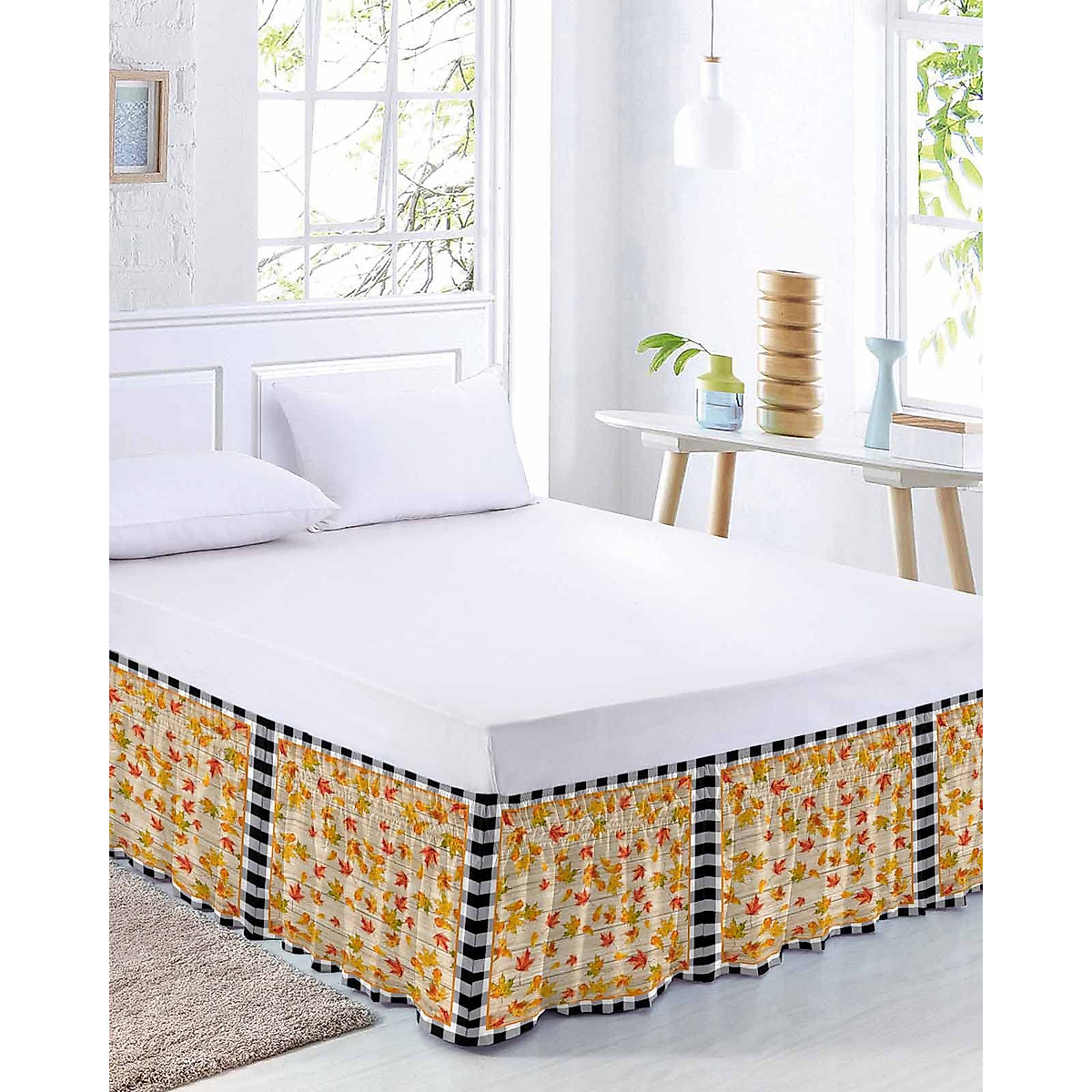 Orange Maple Leaf Bed Skirt Cal King Size 16 Inch Drop,Adjustable & Elastic Wrap Around Bed Skirts Pleated Luxury Ruffles for Twin Full Queen Cal King Bed,Autumn Fall Leaves Rustic Black White Plaid