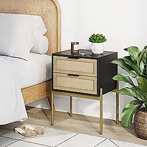 Nathan James Andrew Nightstand, Accent Bedside End Side Table with Storage Drawer, and Mid-Century Modern Legs for Living Room or Bedroom, 1, Black/Cane/Gold