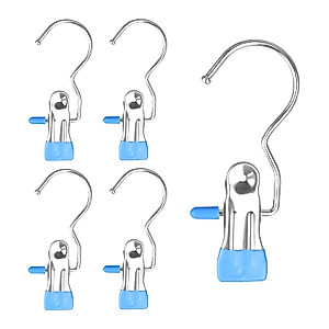 FuninCrea Laundry Hooks Clip, 5 Pcs Stainless Steel Anti-Slip Boot Laundry Hanger Clips Portable Heavy Duty Multi-Functional Single Hanging Clothes Clips for for Scarf, Gloves, Shoes, Socks (Blue)