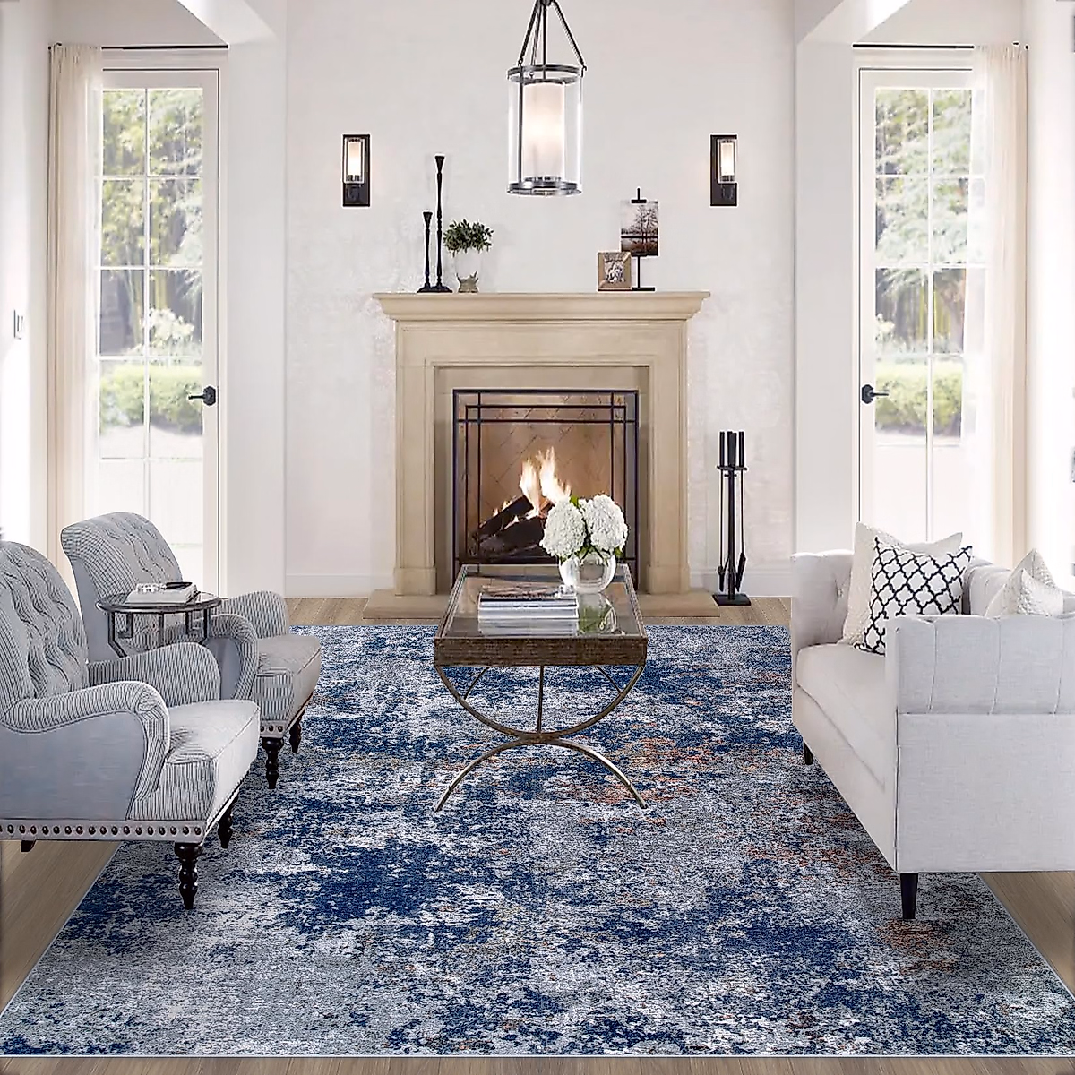 Area Rugs 9x12 Living Room: Large Machine Washable Area Rug with Non Slip Backing Non Shedding Abstract Stain Resistant Carpet for Bedroom Dining Room Nursery Home Office - Blue