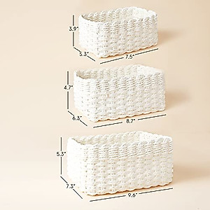 LA JOLIE MUSE Woven Storage Baskets for Organizing, Recycled Paper Rope Basket Bin Divider for Makeup Towel Shelf Cupboards Drawer Closet Dresser, Decorative White Storage Basket Set of 3