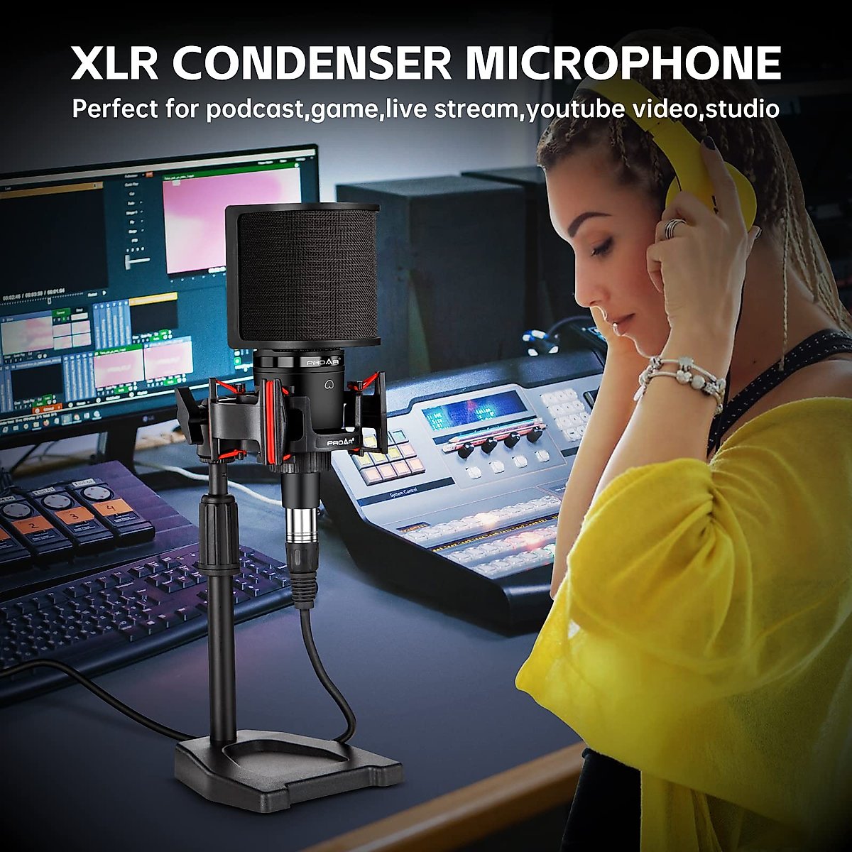 PROAR Condenser Microphone XLR, Cardioid Pickup Pattern, 48V Phantom Power Required, Shock Mount & Pop Filter Included, Sturdy Base & Height Adjustable Stand