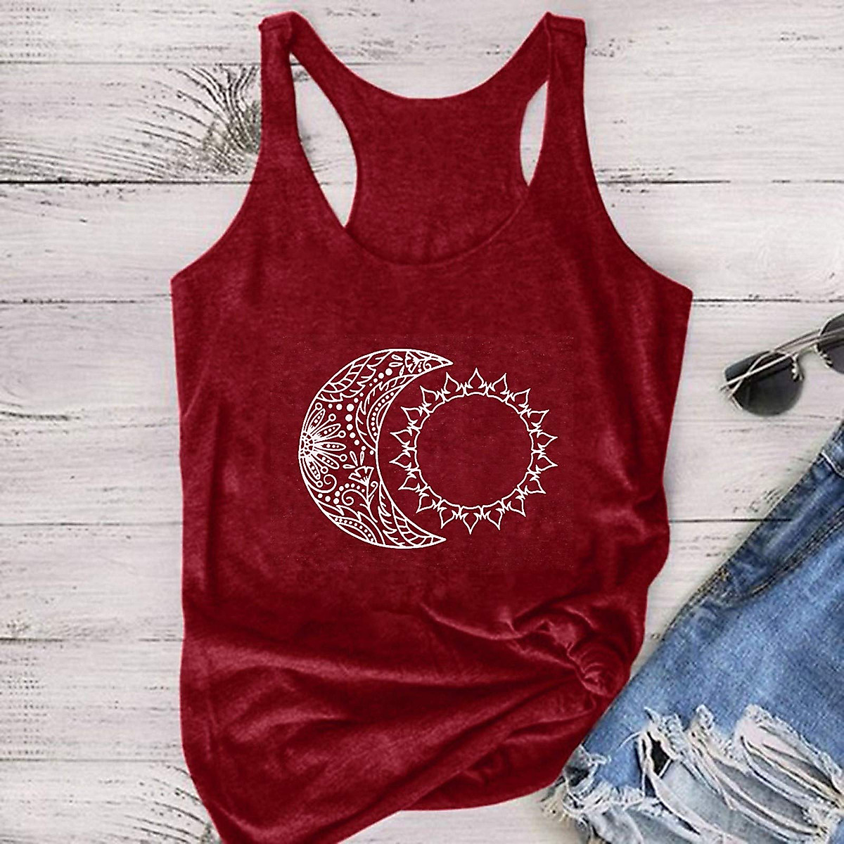 Padaleks Sun Moon Printed Tank Top for Women Casual Sleeveless Graphic Tees Shirts Loose Blouse Tunic Tops Vest