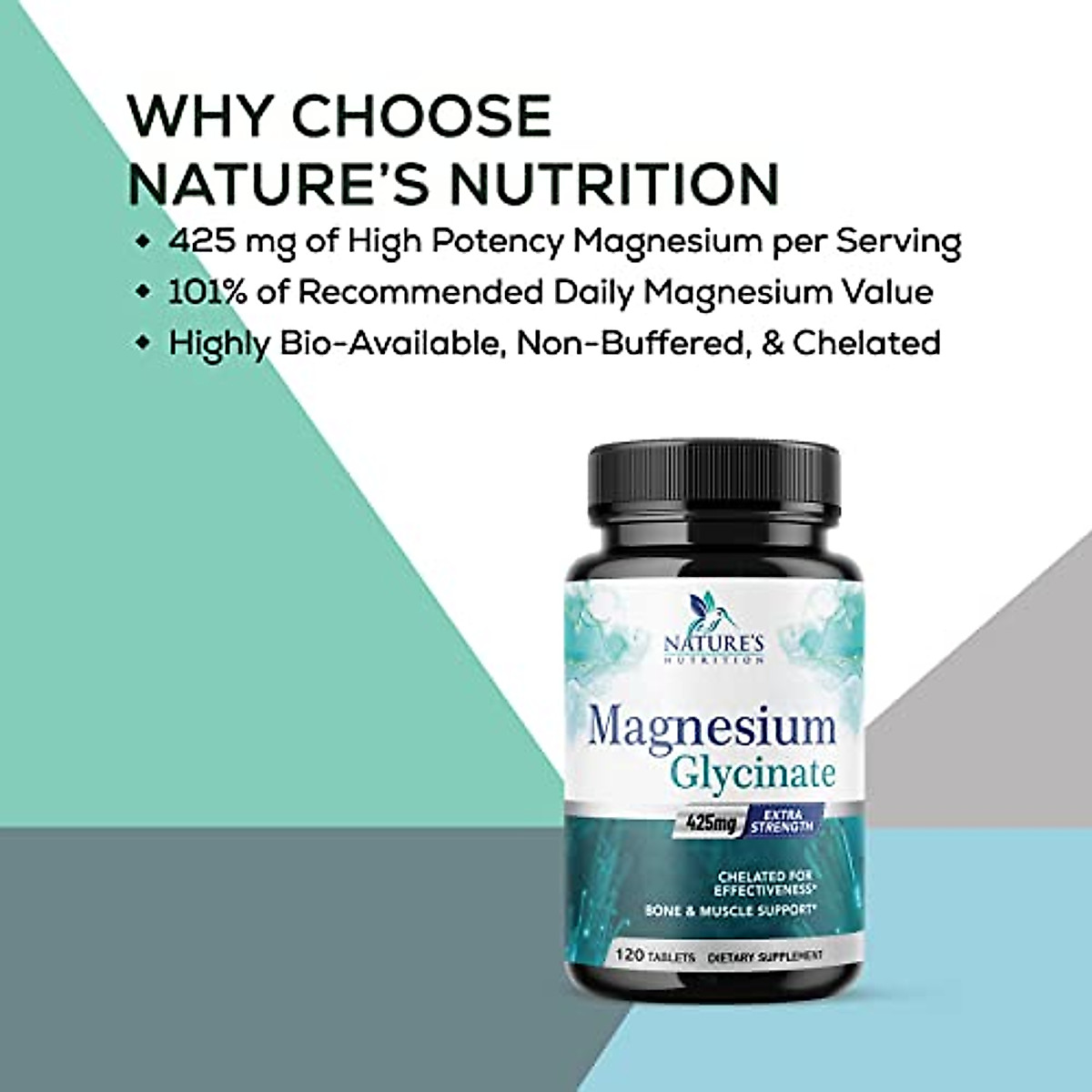 Magnesium Glycinate 425 mg with Calcium - Max Absorption Magnesium Tablets for Muscle, Nerve, Bone & Heart Health Support - Vegan, Non-GMO, Gluten Free Nature's Nutrition Supplement - 120 Tablets