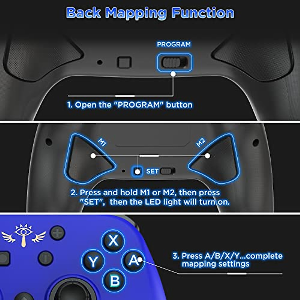 Wireless Pro Controller for Nintendo Switch/Switch OLED/Switch Lite, Switch Controller, Wireless Gamepad for the Zelda ,Turbo & Auto Function, Back Mapping ,Rechargeable 650mAh Battery, Long Playing Time (Blue)
