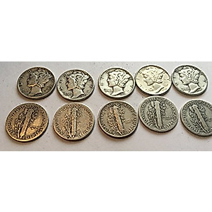 10 Silver Mercury Dimes 1916-1945 Choice Fine