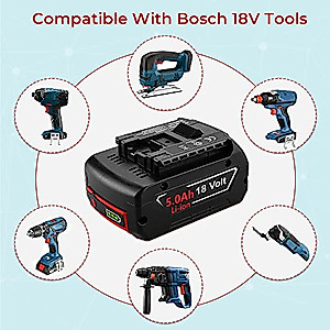 2Pack 5.0Ah BAT609 Battery Replacement for Bosch 18V Battery + 14.4V-18V Lithium Battery Charger BAT618 BAT609 BAT622 BAT609G BAT618G BAT619 BAT619G BAT610G Cordless Power Tool Battery