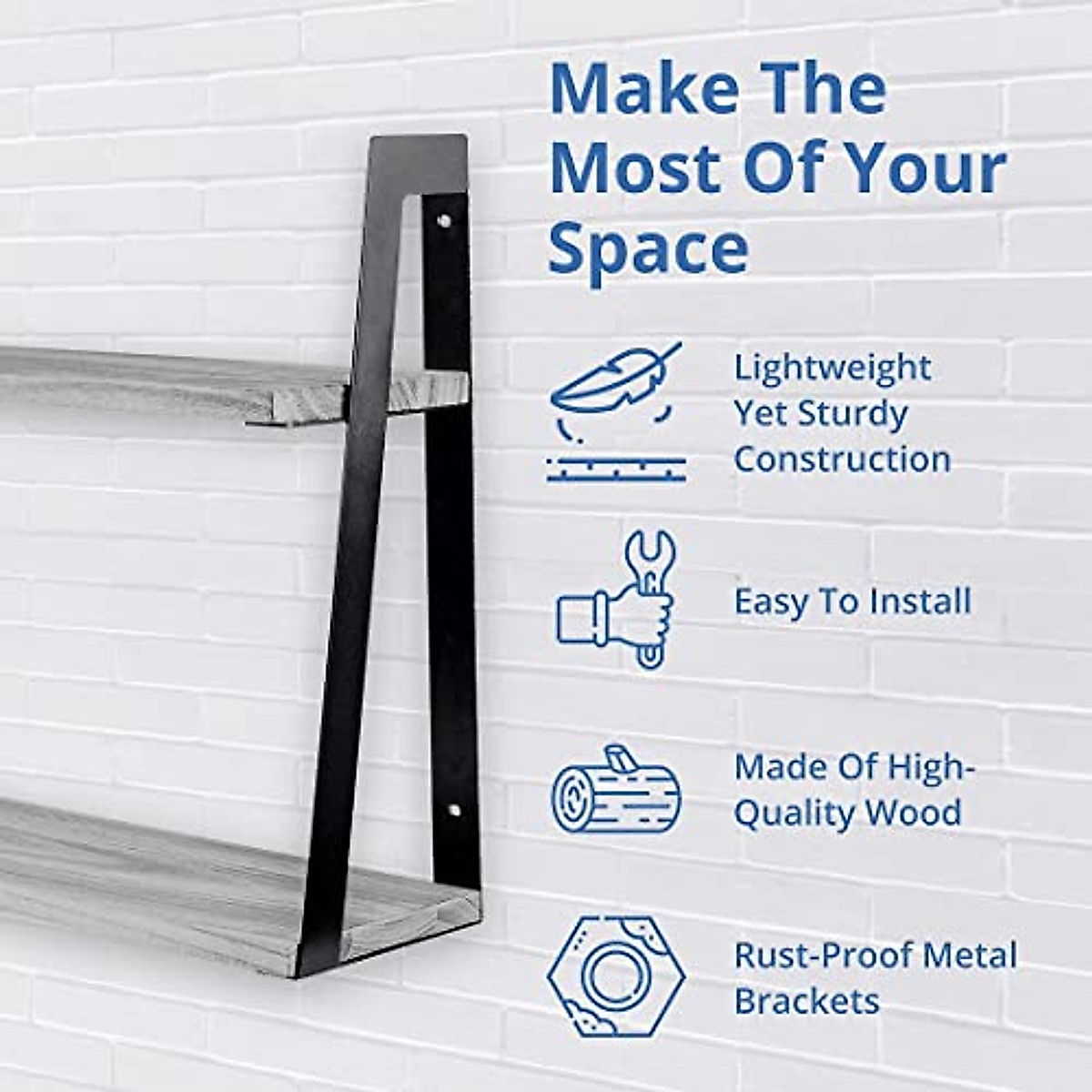 Halter 2 Tier Rustic Floating Wall Shelves for Bedroom, Bathroom, Mounted Hanging Bookshelf Storage, Oragnizer, Living Room, Kitchen, or Laundry Room, Set of 2 Shelves, Brackets Included, Gray Wood