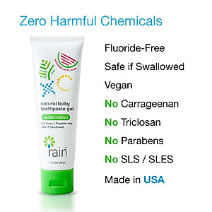 Rain Natural Baby Fluoride Free Kids Toothpaste Gel - Safe to Swallow Infant Toddler Tooth Paste, 2.8 Oz, Babies Training, Ages 6 to 12 months and Up Vitamin C Watermelon Toothpaste for Kids 0-6 years