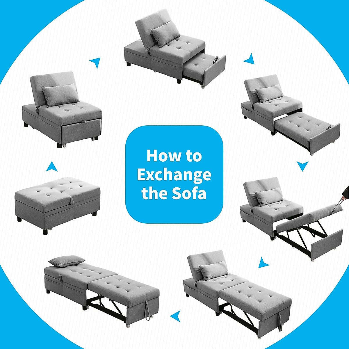 Mjkone 4-in-1 Sleeper Chair with Adjustable Backrest with Free Pillow, Pull Out Sofa Couch Bed with Memory Foam for Compact Living Room (No Assemble Need,Light Grey)