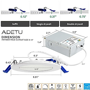 Adetu 12 Pack Recessed Lighting 6 Inch, 5CCT Ultra-Thin Recessed Light Fixtures with Junction Box, CRI 85>, 13W 1080LM, LED Ceiling Light - ETL Energy Star