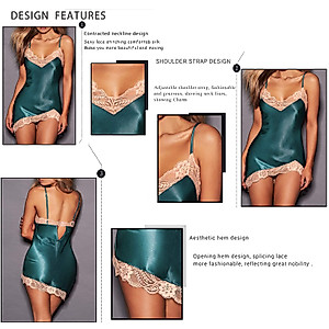 Pyroluna Satin Chemise Sexy Lingerie Halter Dress Lace Nightgown Sleepwear for Women (M, Dark green)