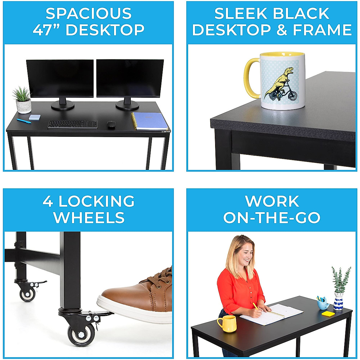 Stand Steady Joy Mobile Workstation | Standing Height Table on Wheels for Home, Office & School | Portable Standing Desk with Locking Wheels | Mobile Training Table & Collaboration Desk(Black/47x24in)