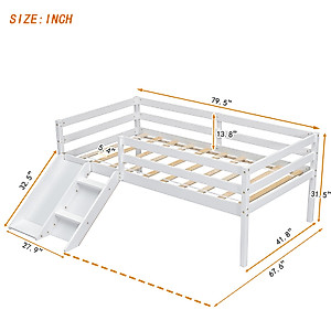 Toforo Twin Low Loft Bed for Kids with Slide and Ladder, Wood Loft Bed Frame with Safety Guardrail for Children, Teens, Boys or Girls, White