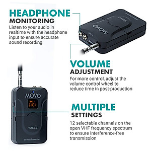 Movo Universal Wireless System, 12 VHF Channels, 2-Microphone, 3.5mm TRRS, 1-Year Warranty